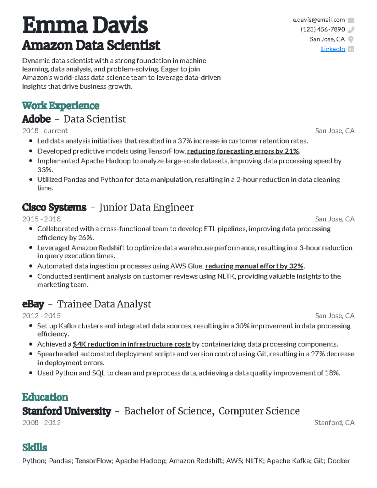 Amazon data science resume example - Emma Davis Amazon Data Scientist ...