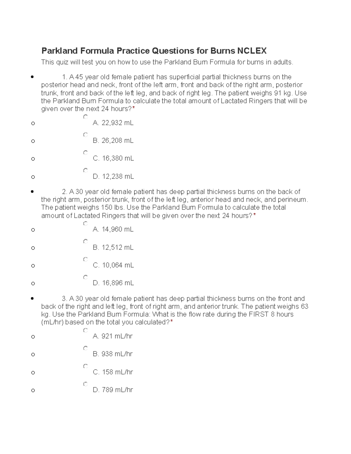 Parkland Formula Practice Questions For Burns Nclex 1 Parkland 