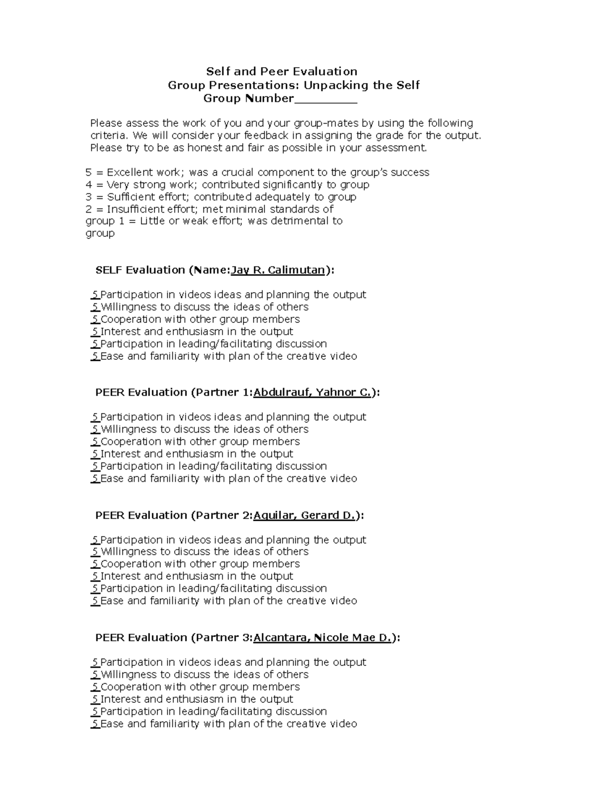 SELF AND PEER Evaluation 2024 - Self and Peer Evaluation Group ...