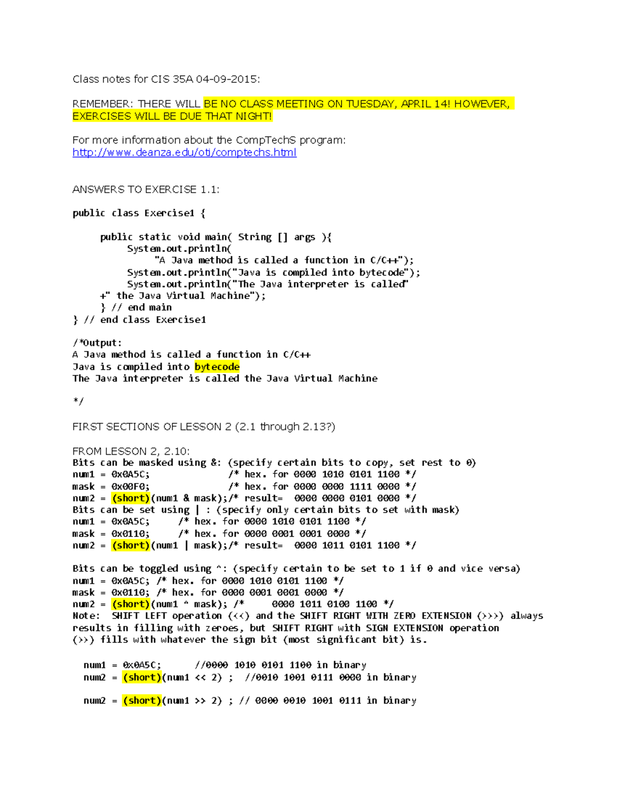 Class Notes 35A 04 09 2015 - Class notes for CIS 35A 04-09-2015 ...