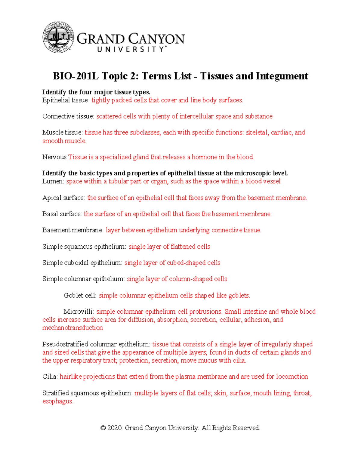 BIO 201L RS Topic 2 Terms List Tissues And Integument - BIO-201L Topic ...