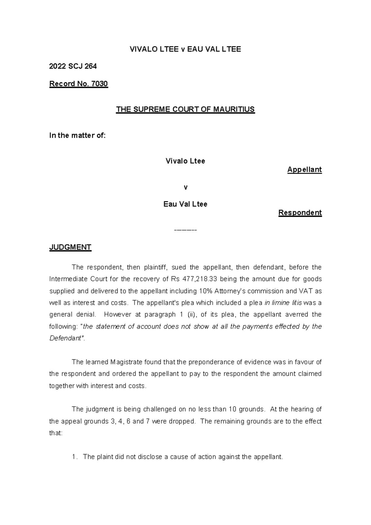 Vivalo ltee v eau val ltee 2022 scj 264 - VIVALO LTEE v EAU VAL LTEE ...