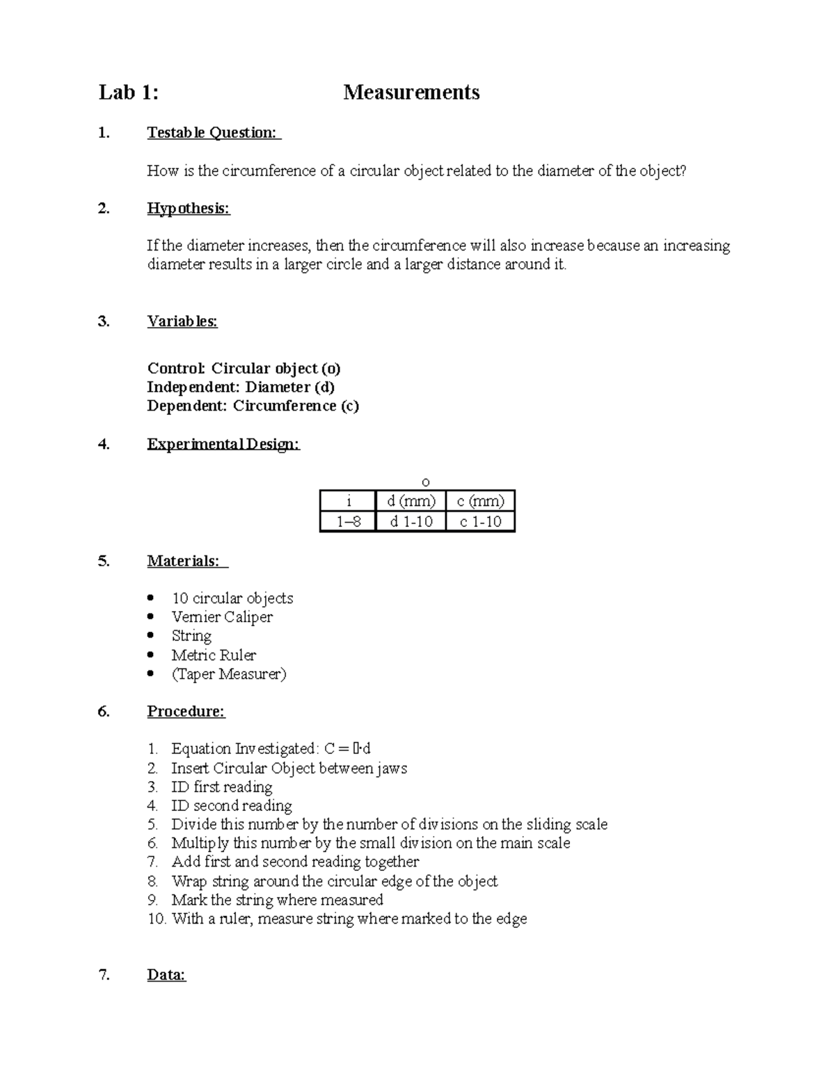 PHY111L Lab 1 Measurements 3 - Lab 1: Measurements Testable Question ...