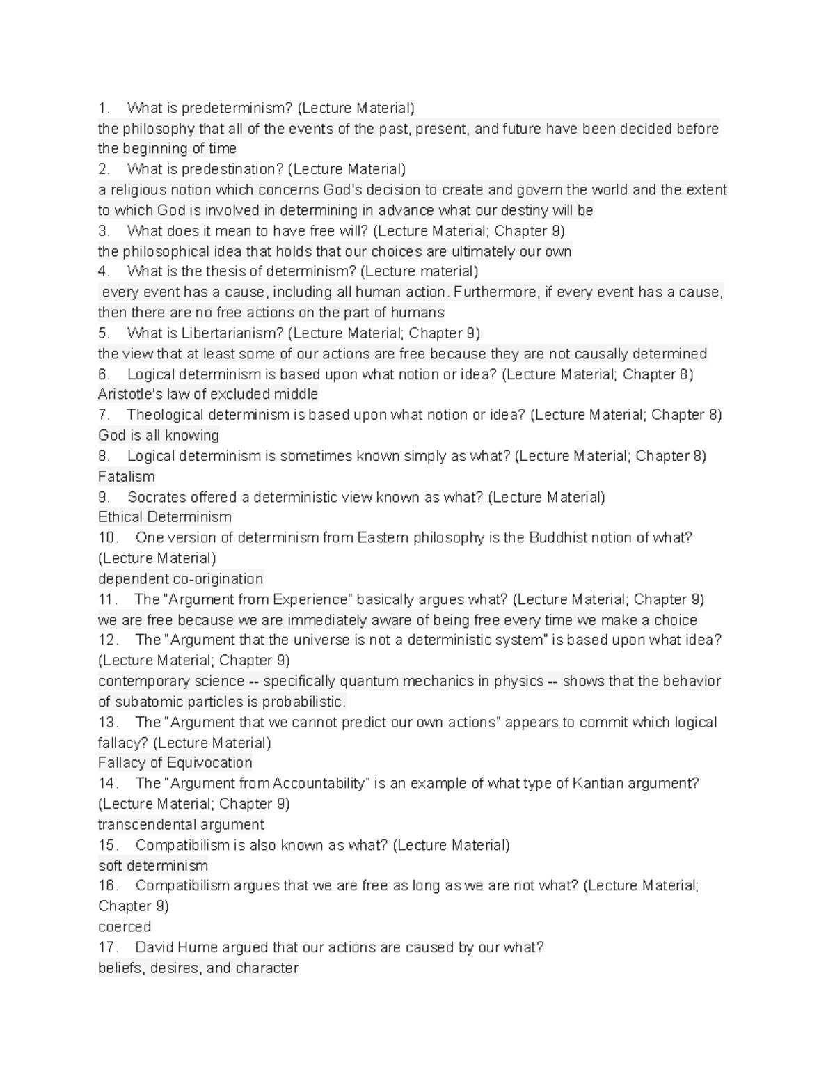 Philosophy study guide 2 - What is predeterminism? (Lecture Material ...