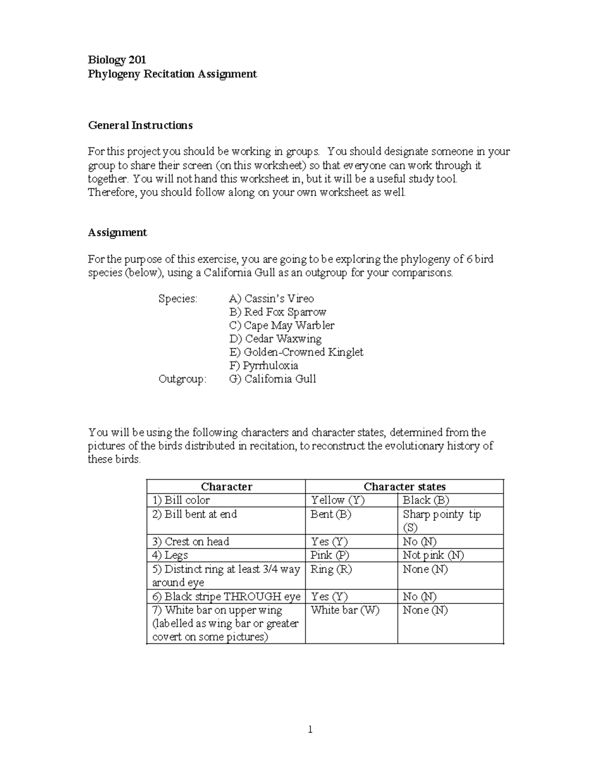 Phylogenetics+Worksheet+Fall+2021 - 1 Biology 201 Phylogeny Recitation ...