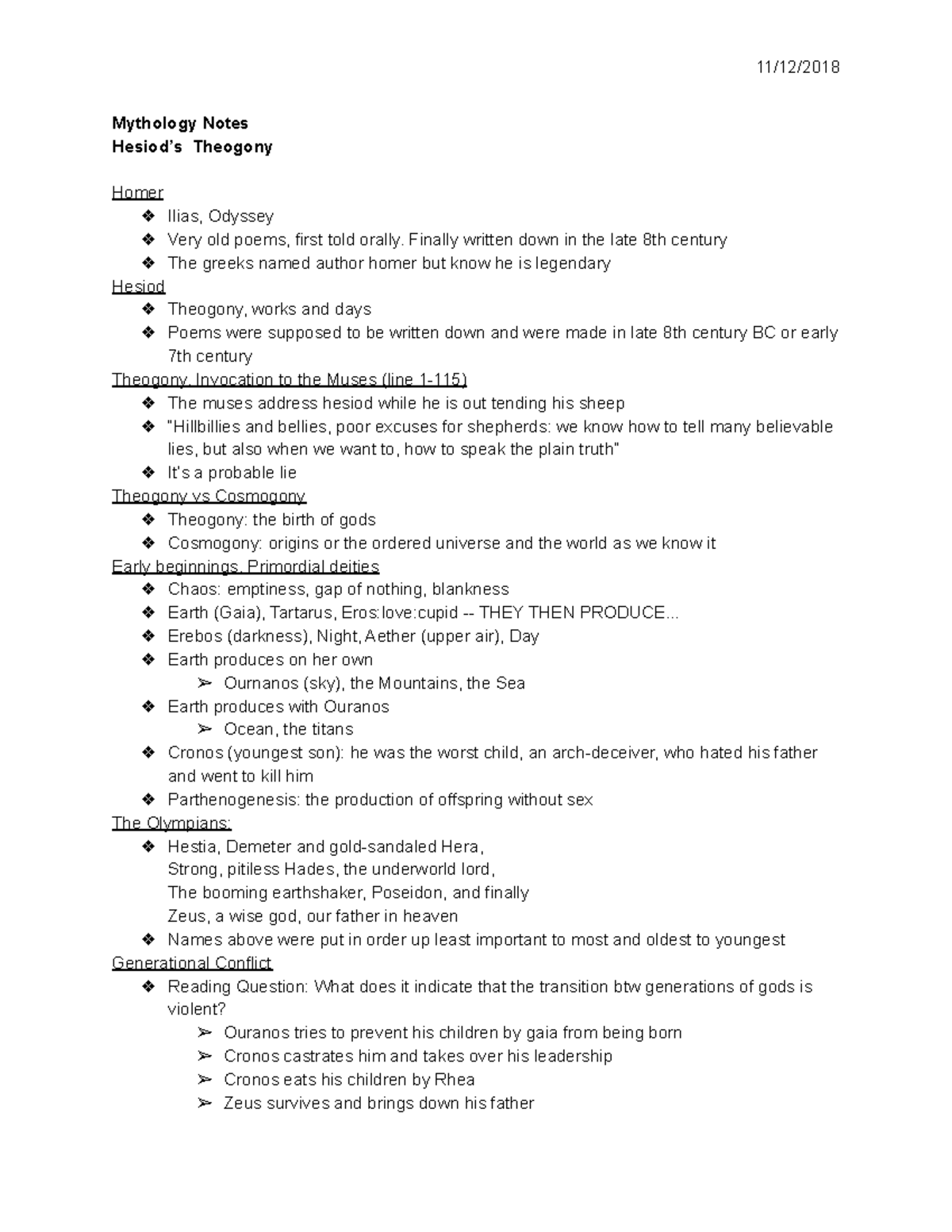 Mythology Notes - Professor: Sydnor Roy - Mythology Notes Hesiod’s ...