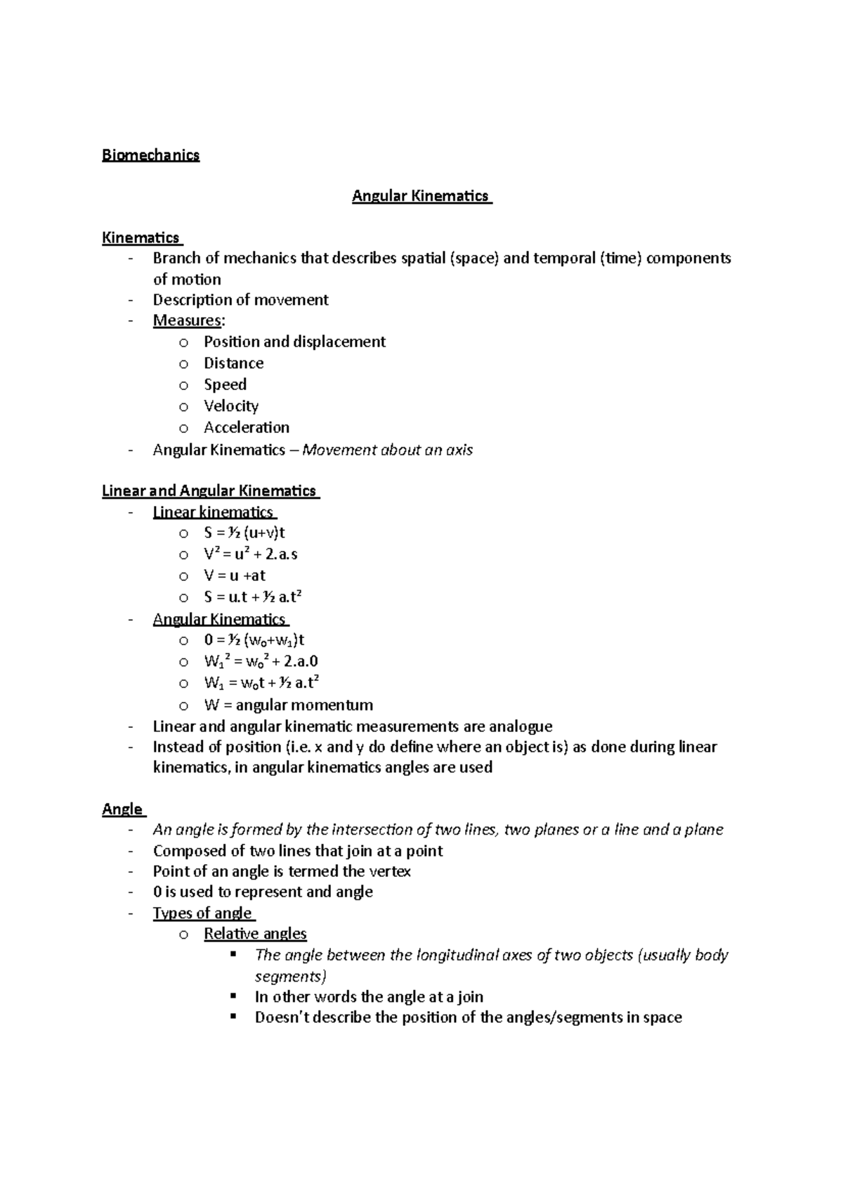 Biomechanics - Lecture 7 - Angular Kinematics - Biomechanics Angular Kinematics Kinematics ...