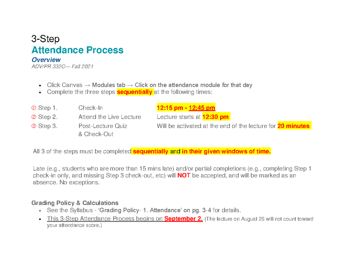 3-Step Attendance Process Fall 2021 ADV PR 332C - 3-Step Attendance Process Overview ADV/PR 332C ...