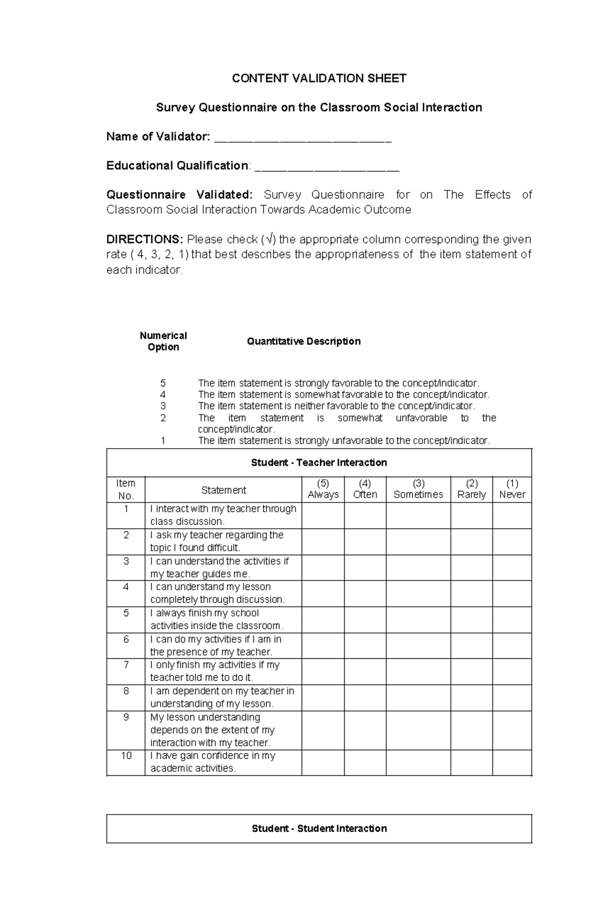 Content Validation Sheet - CONTENT VALIDATION SHEET Survey Questionnaire on the Classroom Social ...