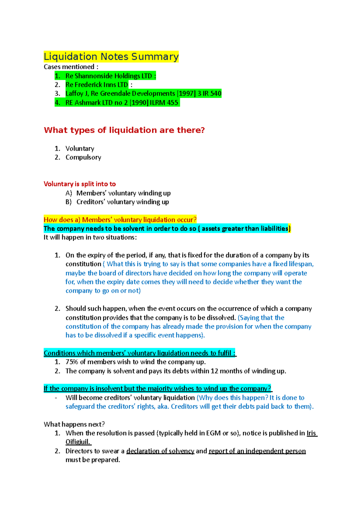 Liquidation Notes Summary - Liquidation Notes Summary Cases mentioned ...