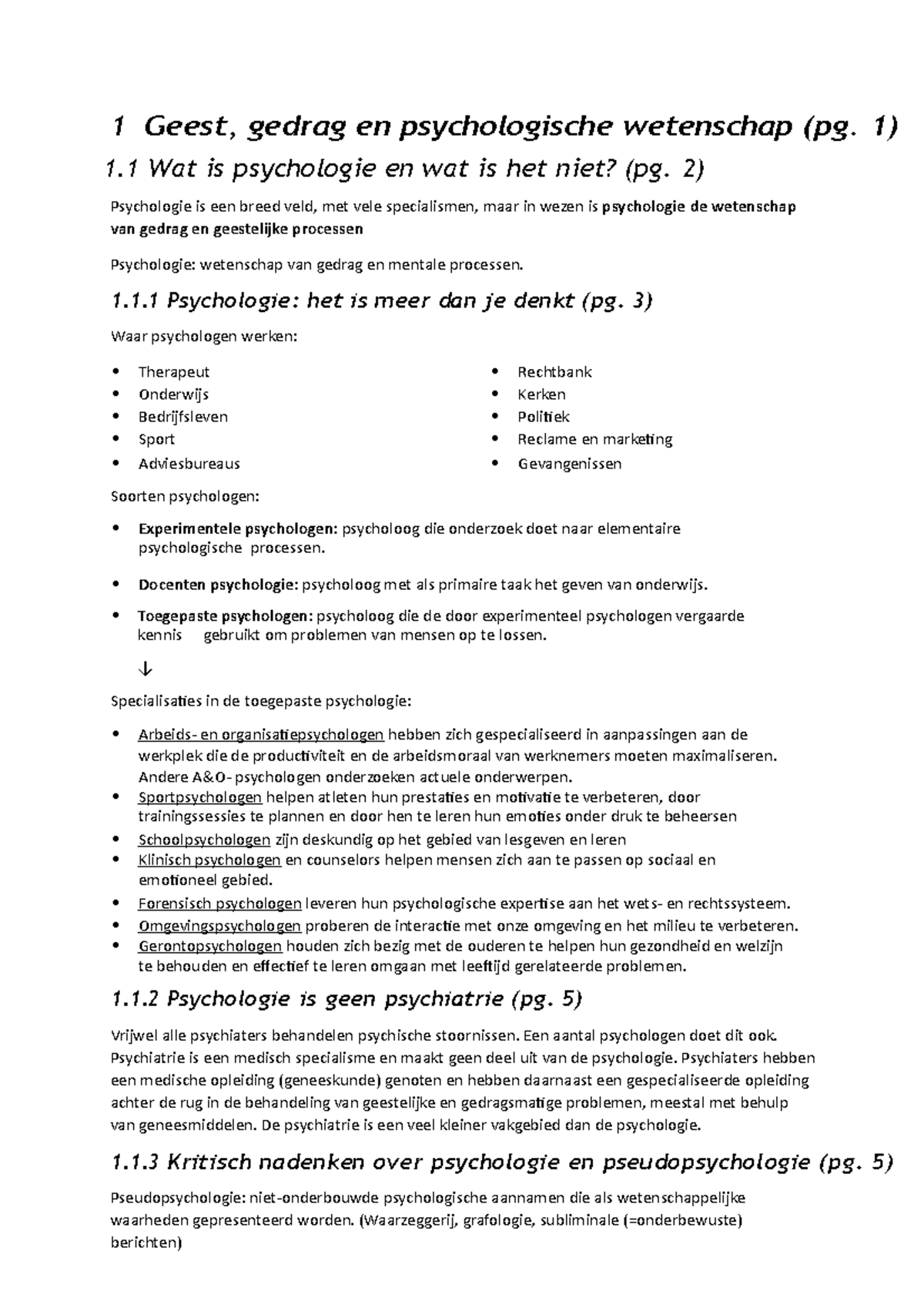 Psychologie samenvatting VERPLEEGKUNDE - 1 Geest, gedrag en ...
