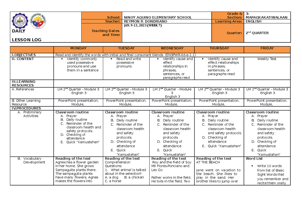 Q2 English WEEK 4 - GRADE THREE DAILY LESSON LOG School: NINOY AQUINO ...