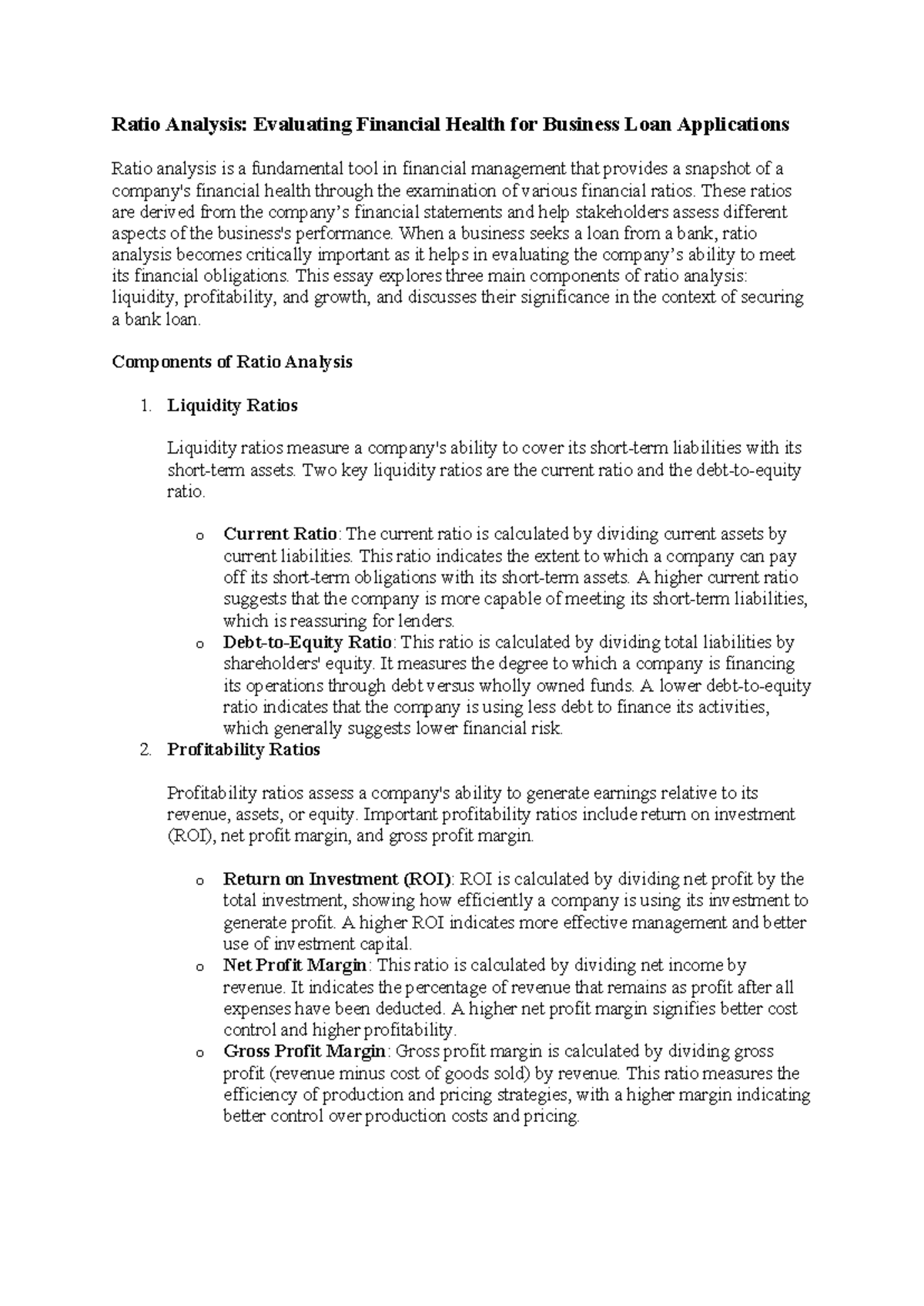 Ratio Analysis essay - Ratio Analysis: Evaluating Financial Health for ...
