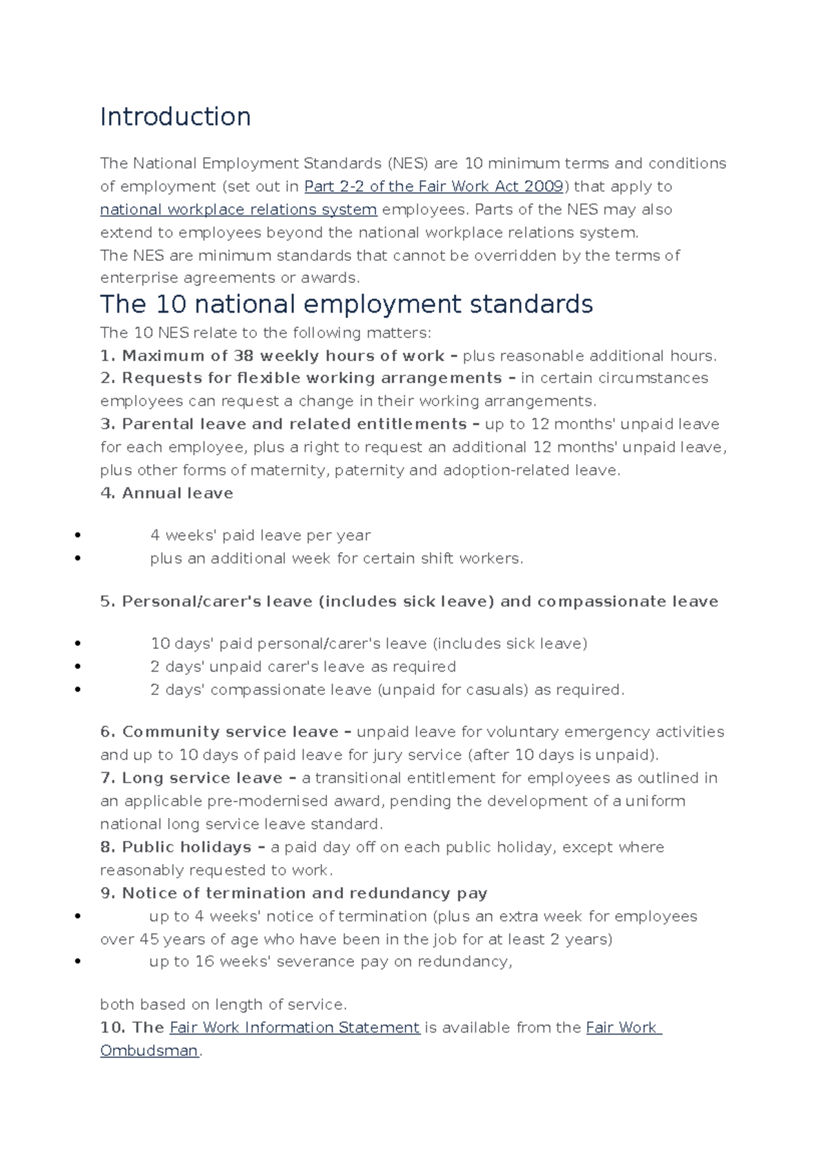 10 fair work requirements - Introduction The National Employment ...