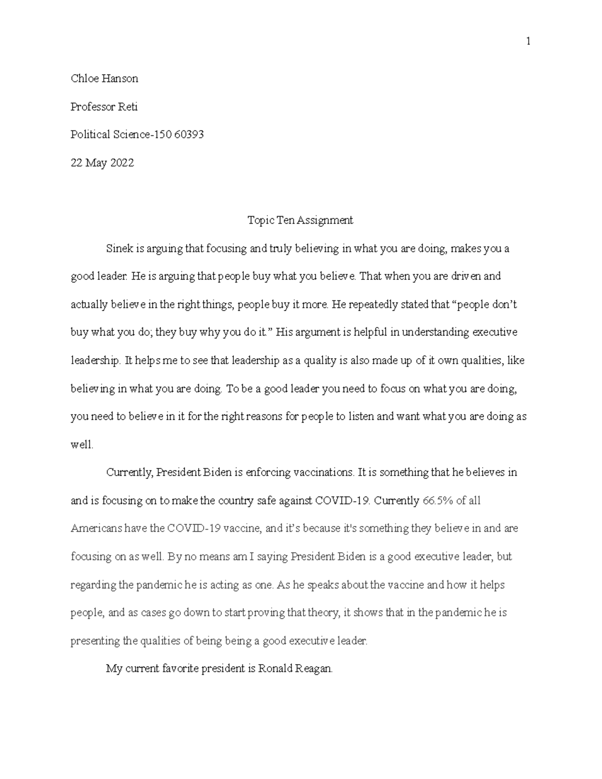 Topic Ten Assignment - Political Science 150 - Chloe Hanson Professor ...