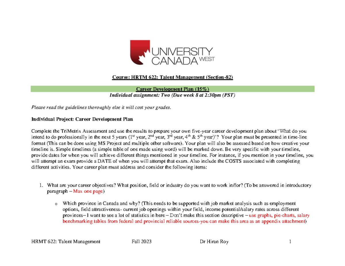 Career Development Plan (Individual Assignment Two) - Course: HRTM 622 ...