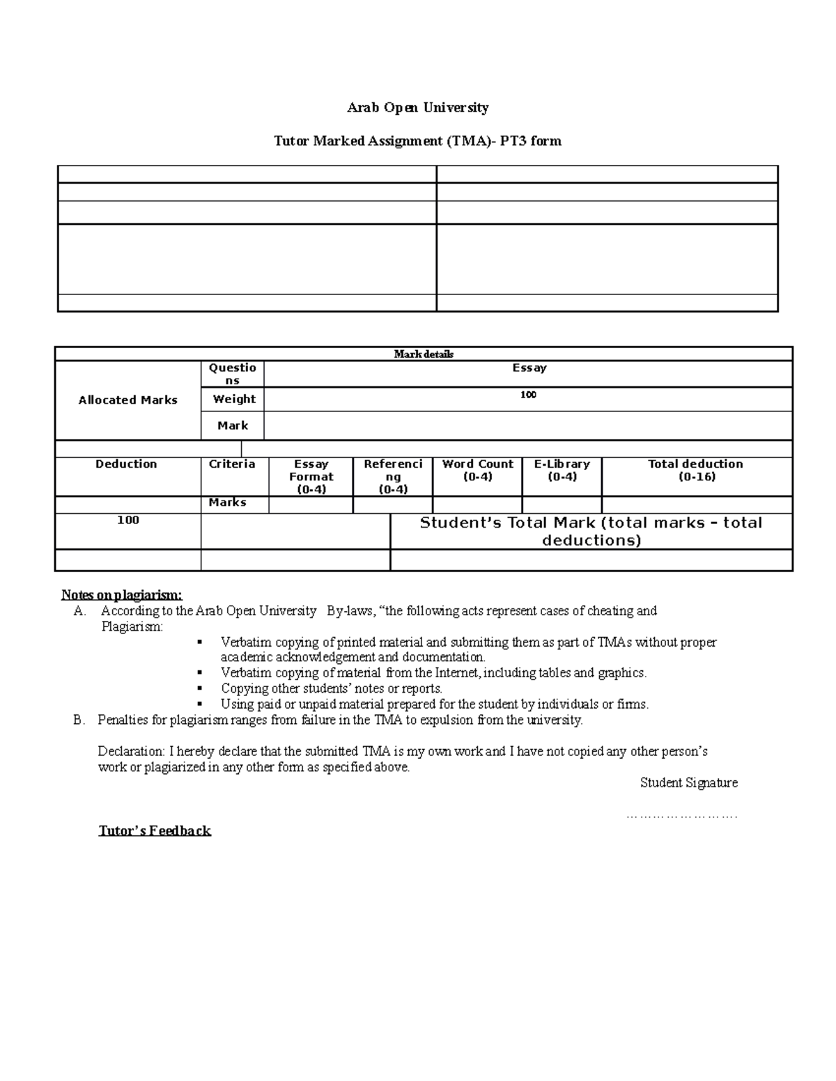 B207A PT3 form Second 2020-2021 - Arab Open University Tutor Marked ...