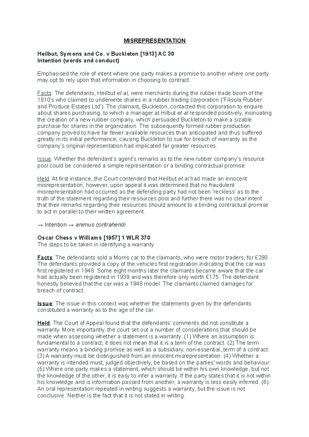 Misrepresentation ( Important Cases) - MISREPRESENTATION Heilbut ...