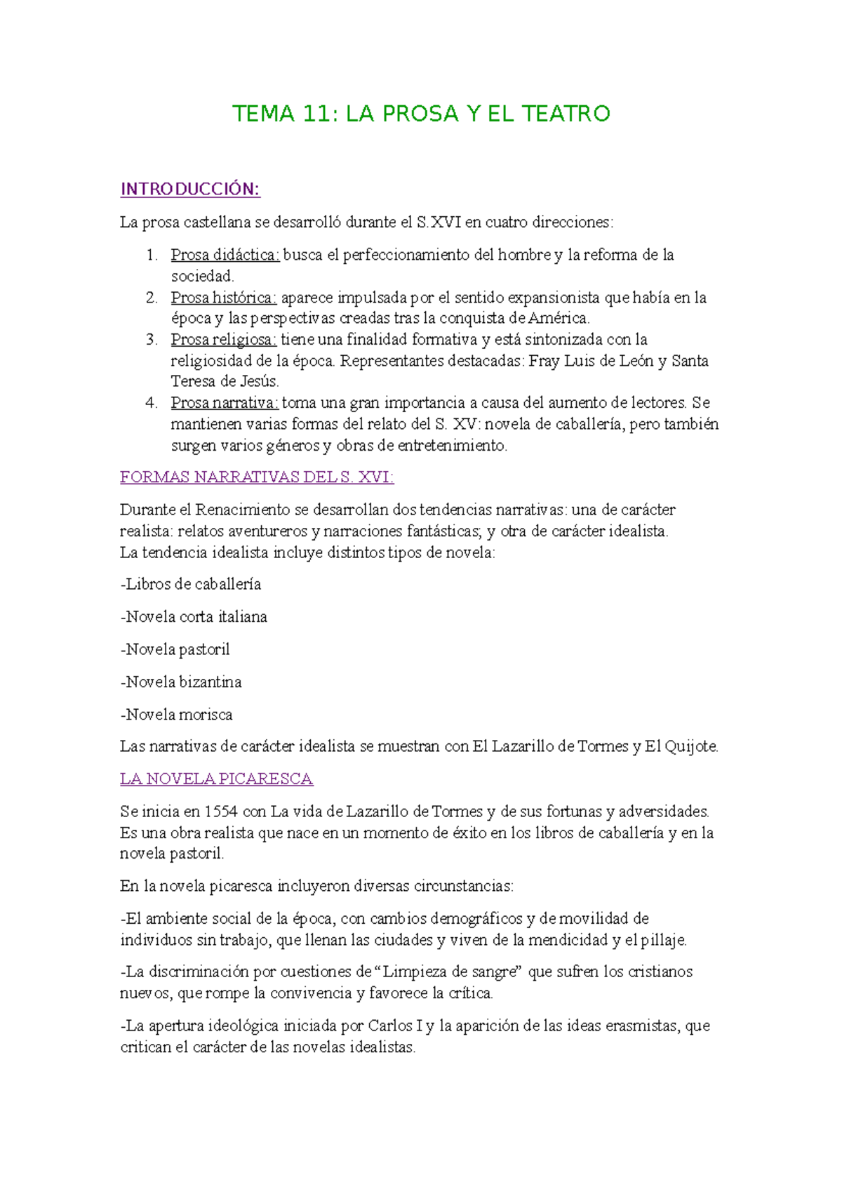 Resumen tema 11 y 12 - apuntes - TEMA 11: LA PROSA Y EL TEATRO ...