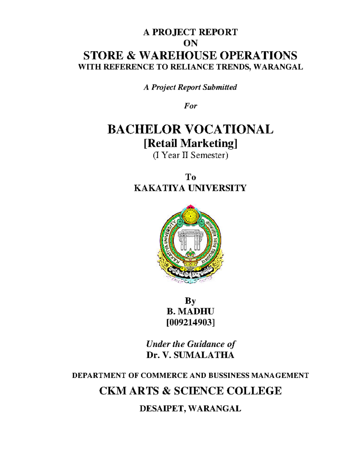 03 - Retail Marketing Project Cover Page - A PROJECT REPORT ON STORE ...