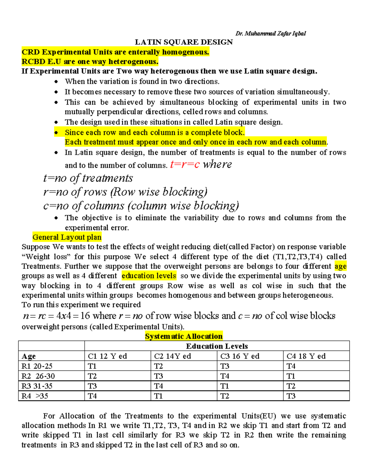 F3 Latin Square Design Revised File - Dr. Muhammad Zafar Iqbal LATIN ...