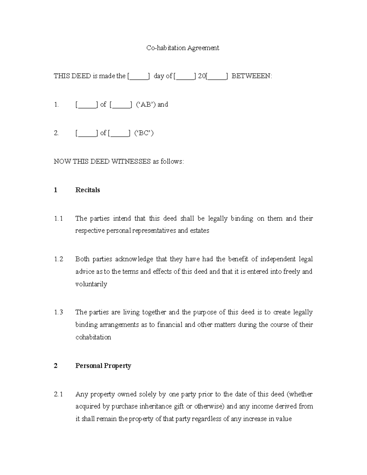 Cohabitation Agreement Example - Co-habitation Agreement THIS DEED is ...