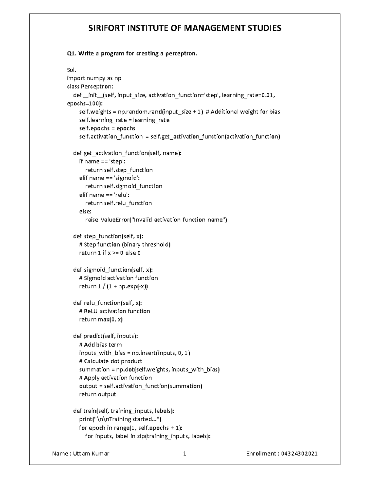 DL Uttam - Q1. Write a program for creating a perceptron. Sol. import ...
