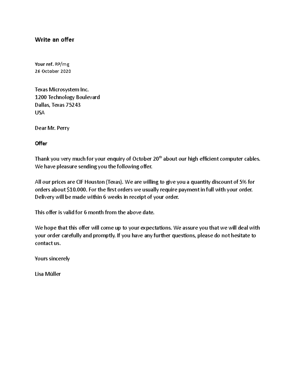 How to write an offer; Example by Lisa Müller - Write an offer Your ref ...