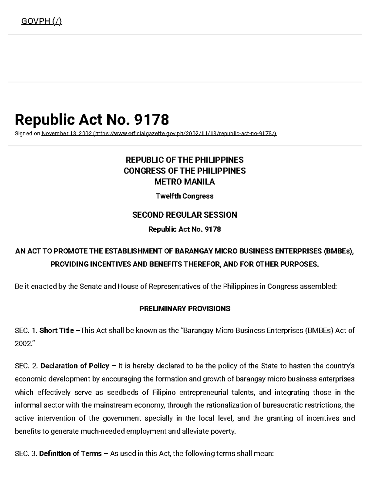 Republic Act No. 9178 Official Gazette of the Republic of the ...