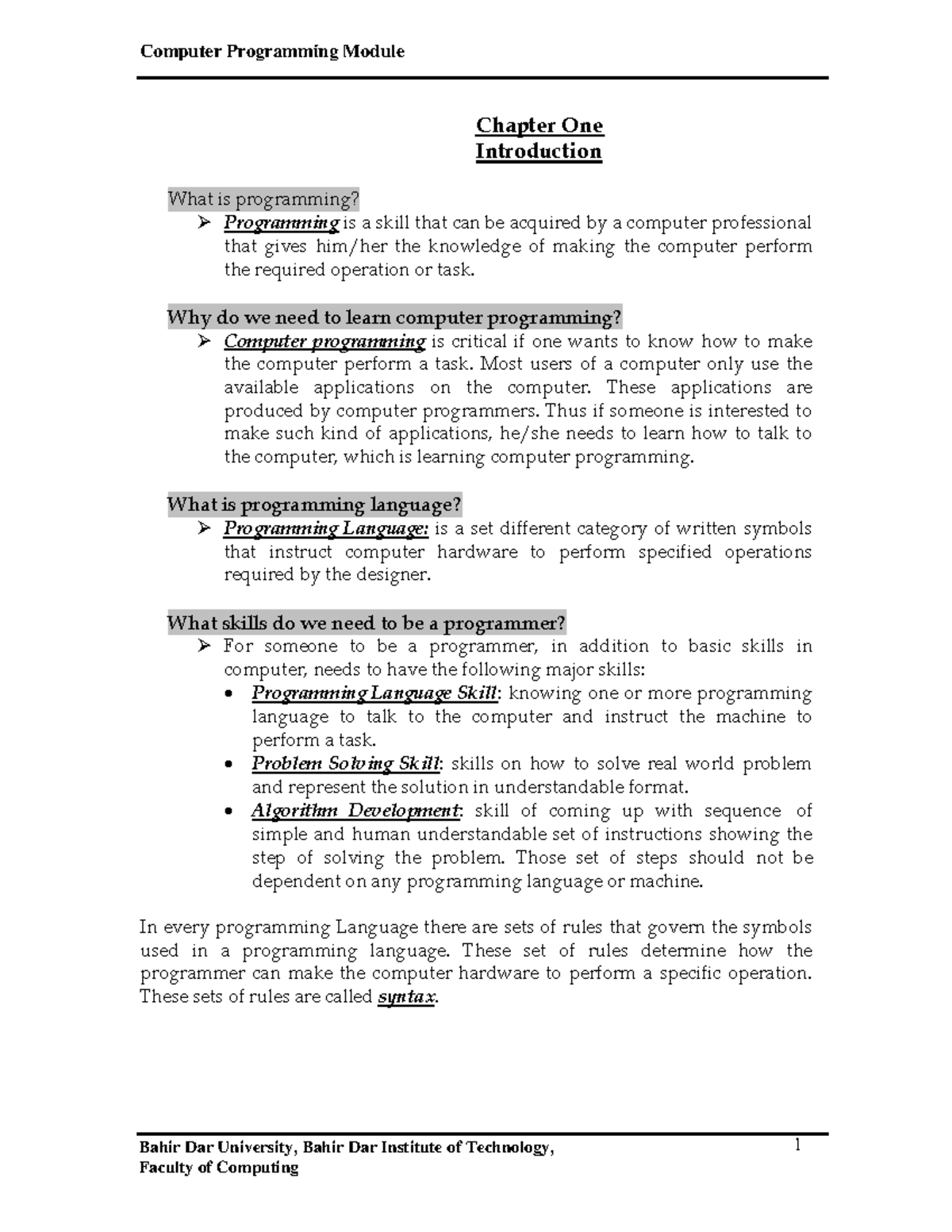 C++ Lecture All in One - programming - Bahir Dar University, Bahir Dar Institute of Technology ...