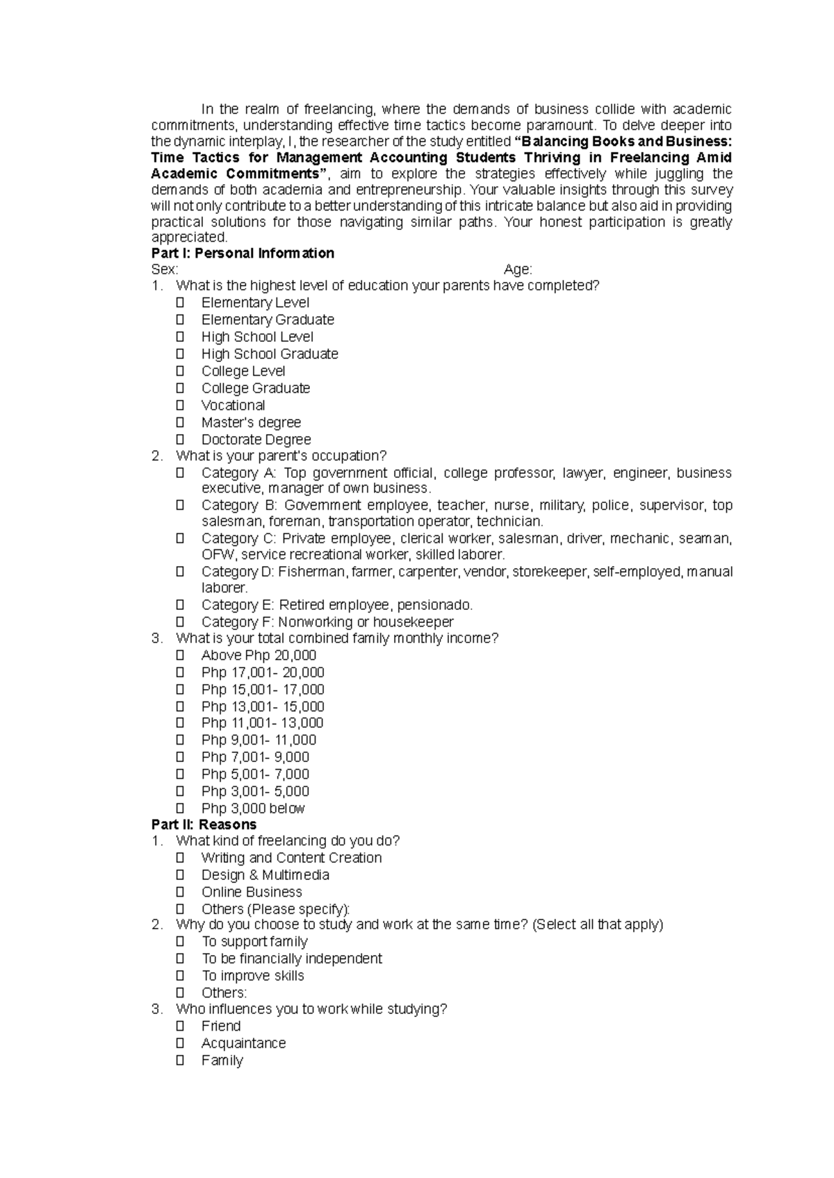 Pilot Testing Survey Questionnaire - In the realm of freelancing, where ...