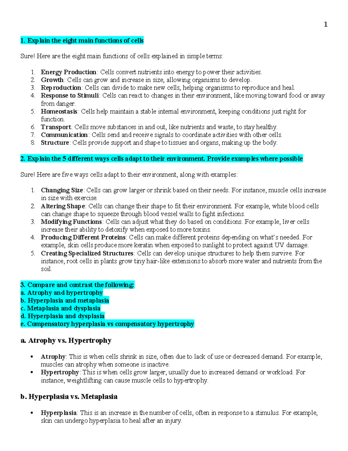 Path Midterm 1 Review - Explain the eight main functions of cells Sure! Here are the eight main ...