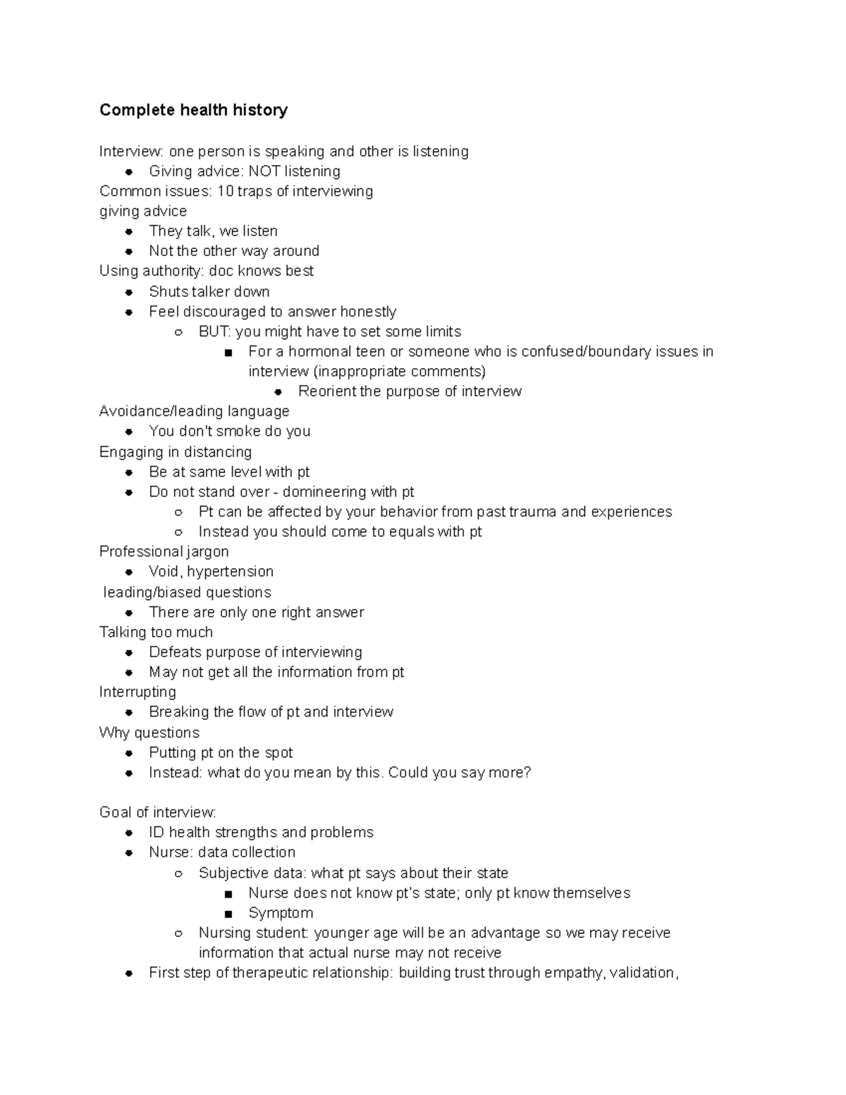 complete health history notes - Complete health history Interview: one ...
