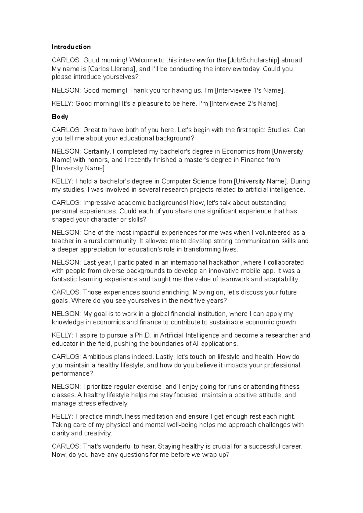 A job interview - conversacion - Introduction CARLOS: Good morning ...