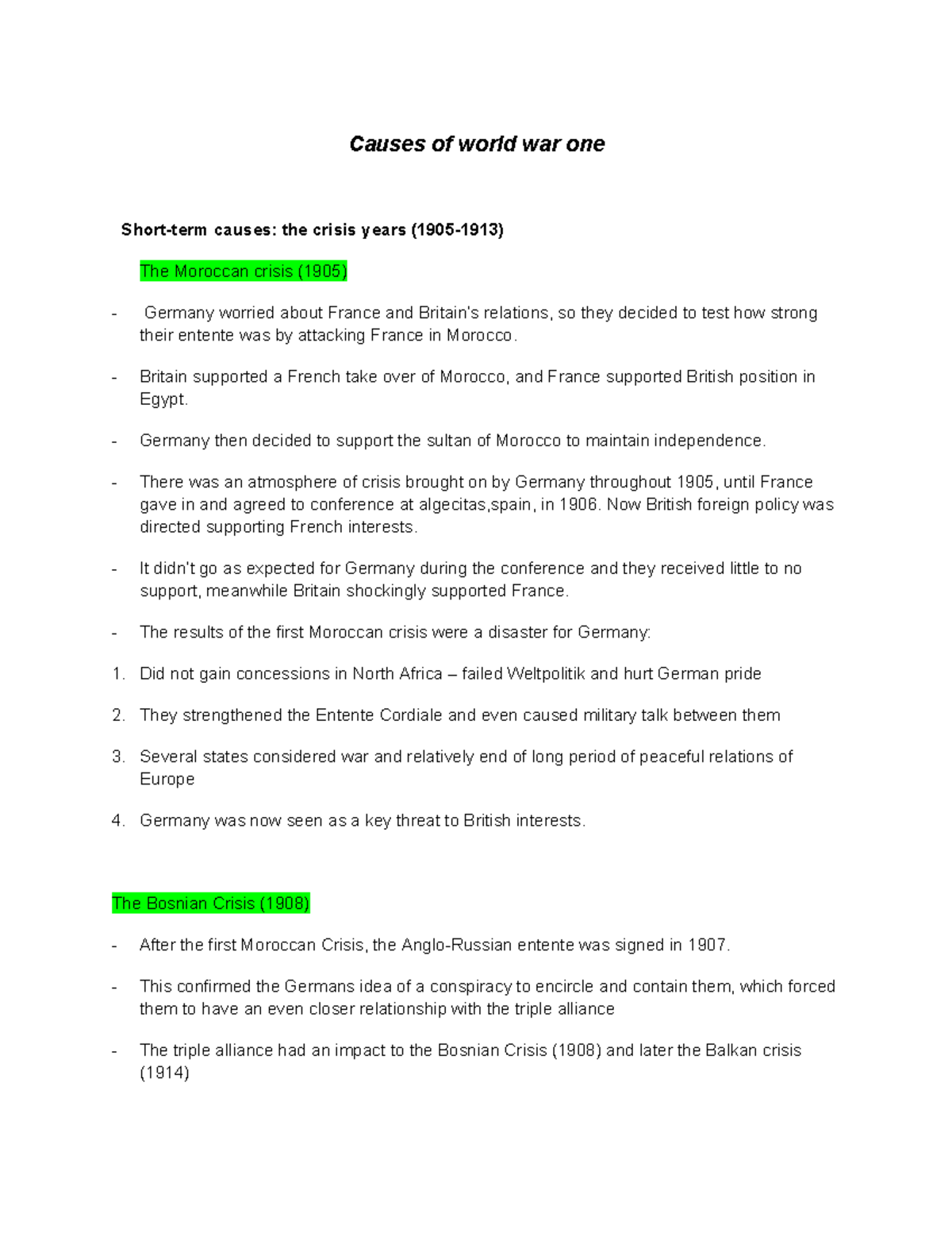 Causes of WW1 - IB notater - Causes of world war one Short-term causes ...