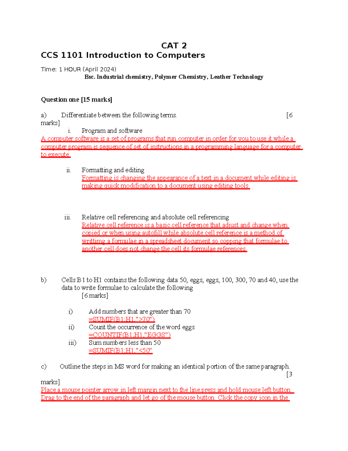 CAT 2 - CAT 2 CCS 1101 Introduction to Computers Time: 1 HOUR (April 2024) Bsc. Industrial - Studocu