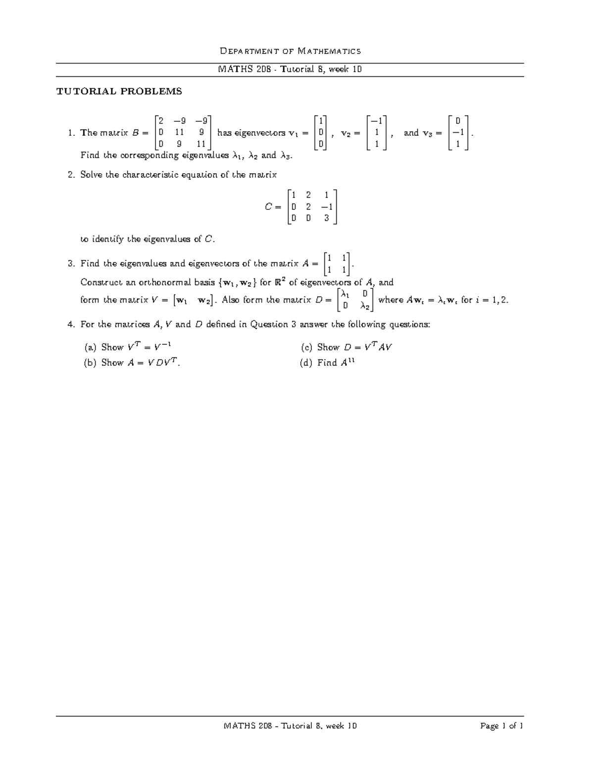208 tut 8 - Questions - Department of Mathematics MATHS 208 - Tutorial 8, week 10 TUTORIAL ...