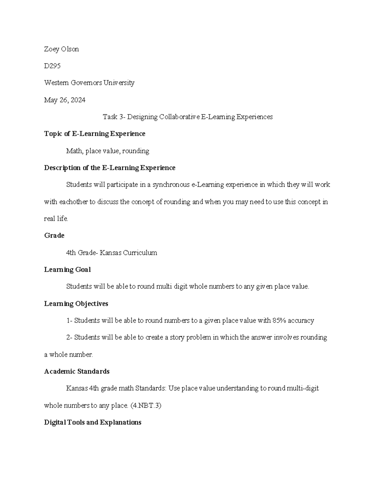 D295 task 3 - pass - Zoey Olson D Western Governors University May 26 ...