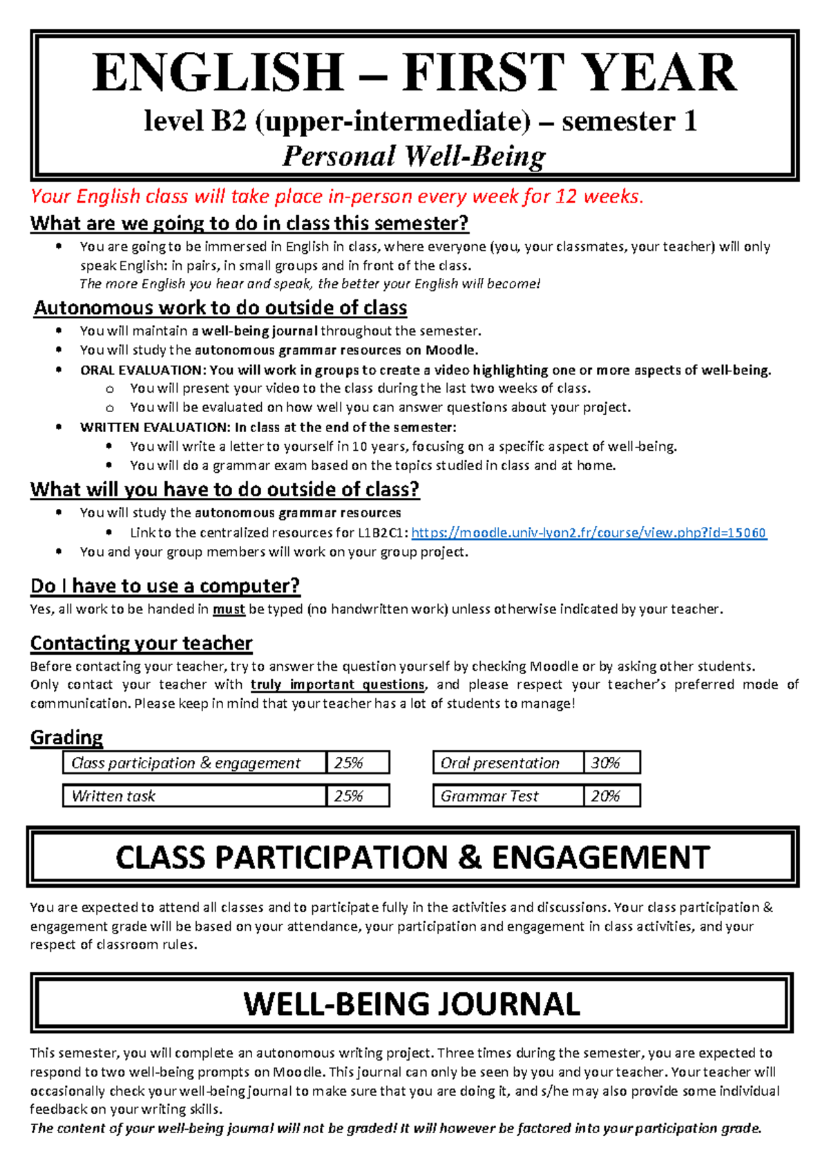 Student booklet L1B2 - semester 1 (autumn 2023) - ENGLISH – FIRST YEAR ...
