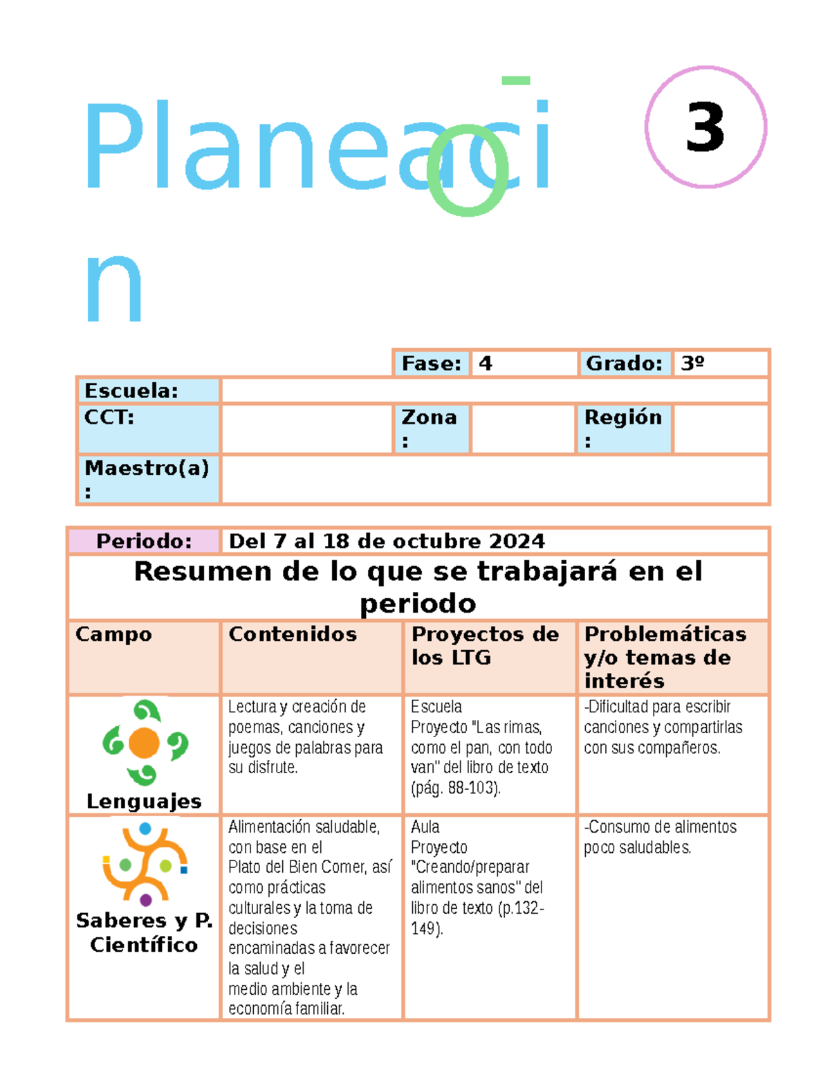 Planeación 3° - planeacion de tercer grado - Planeaci n Fase: 4 Grado: 3º Escuela: CCT: Zona ...