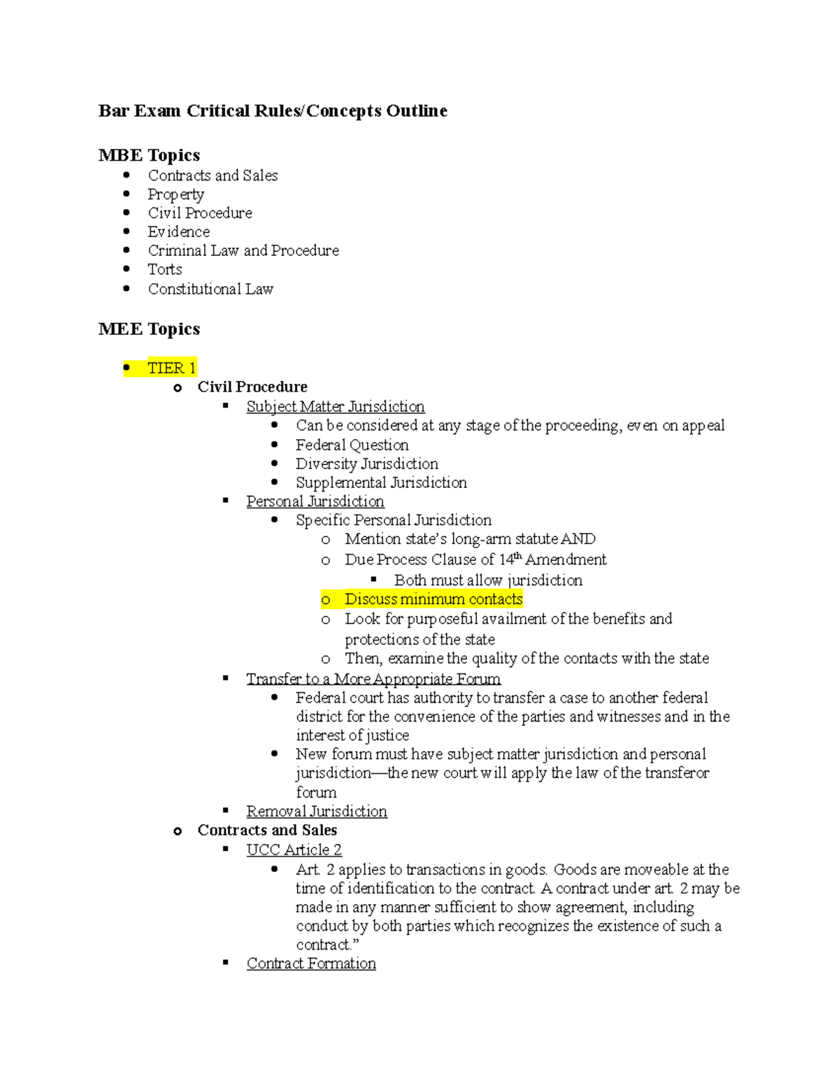 Bar Exam Critical Rules - Bar Exam Critical Rules/Concepts Outline MBE Topics Contracts and ...