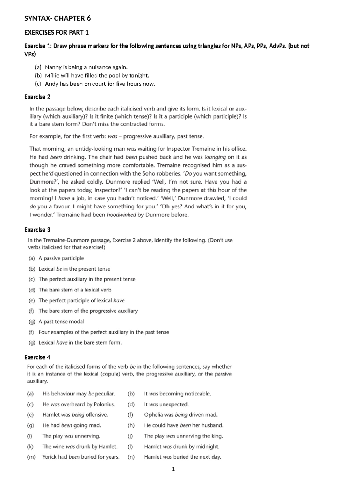 SYntax - analysing sentences - SYNTAX- CHAPTER 6 EXERCISES FOR PART 1 ...