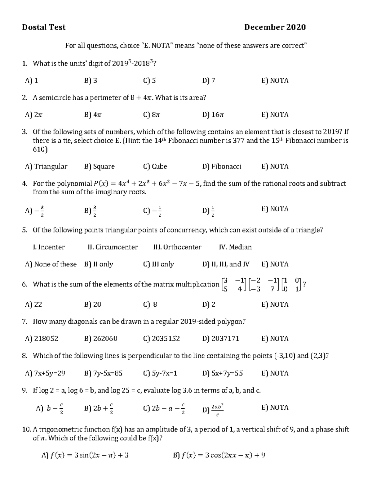 9987 T Dostal Test 2020 - its a mao test - For all questions, choice “E ...