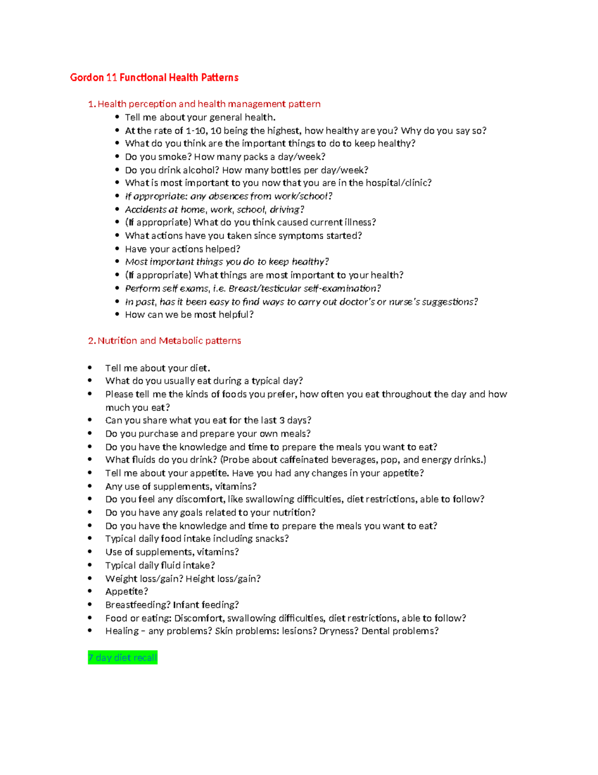 Edited Gordons Guide Questions - Gordon 11 Functional Health Patterns 1 ...