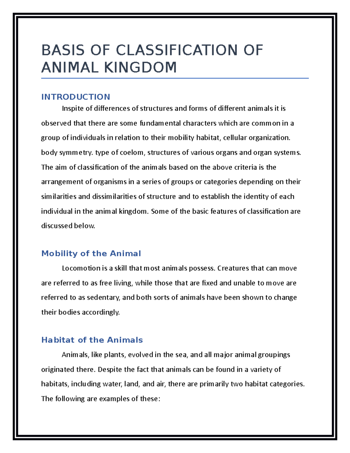Overview OF THE Basis OF Classification OF Animal Kingdom - BASIS OF ...