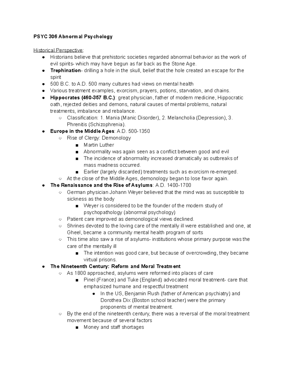 PSYC 306 Abnormal Psychology TEST 1 - PSYC 306 Abnormal Psychology ...