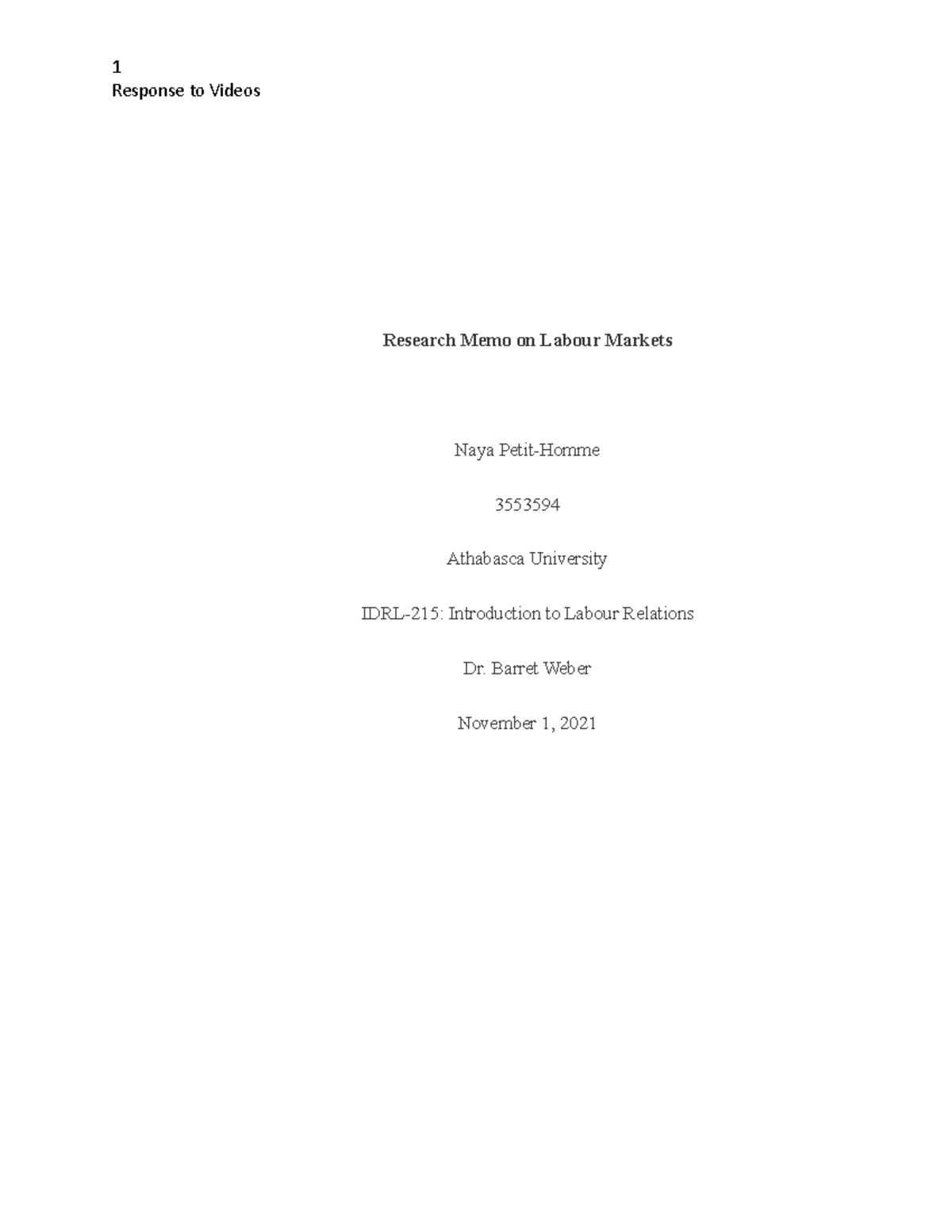 Assignment 2 - Research Memo on Labour Markets Naya Petit-Homme 3553594 ...