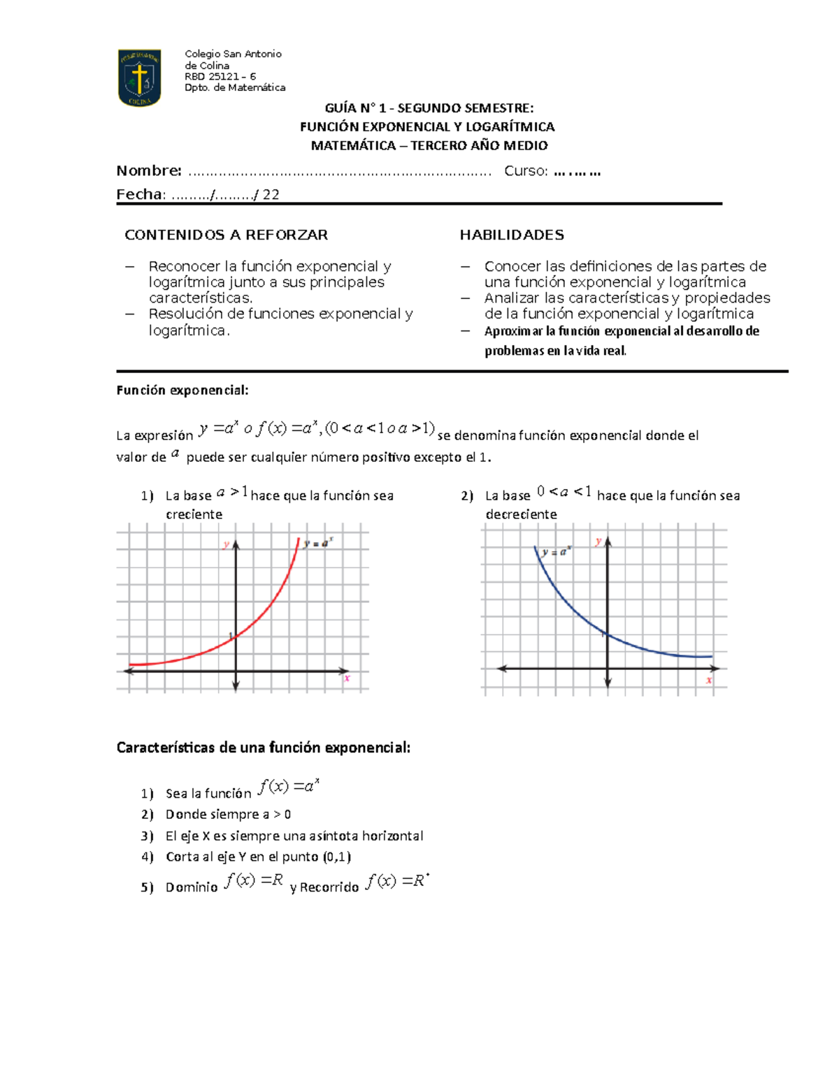 GUIA 1 Funcion Exponencial Y Logaritmica - Colegio Colina - Colegio San ...