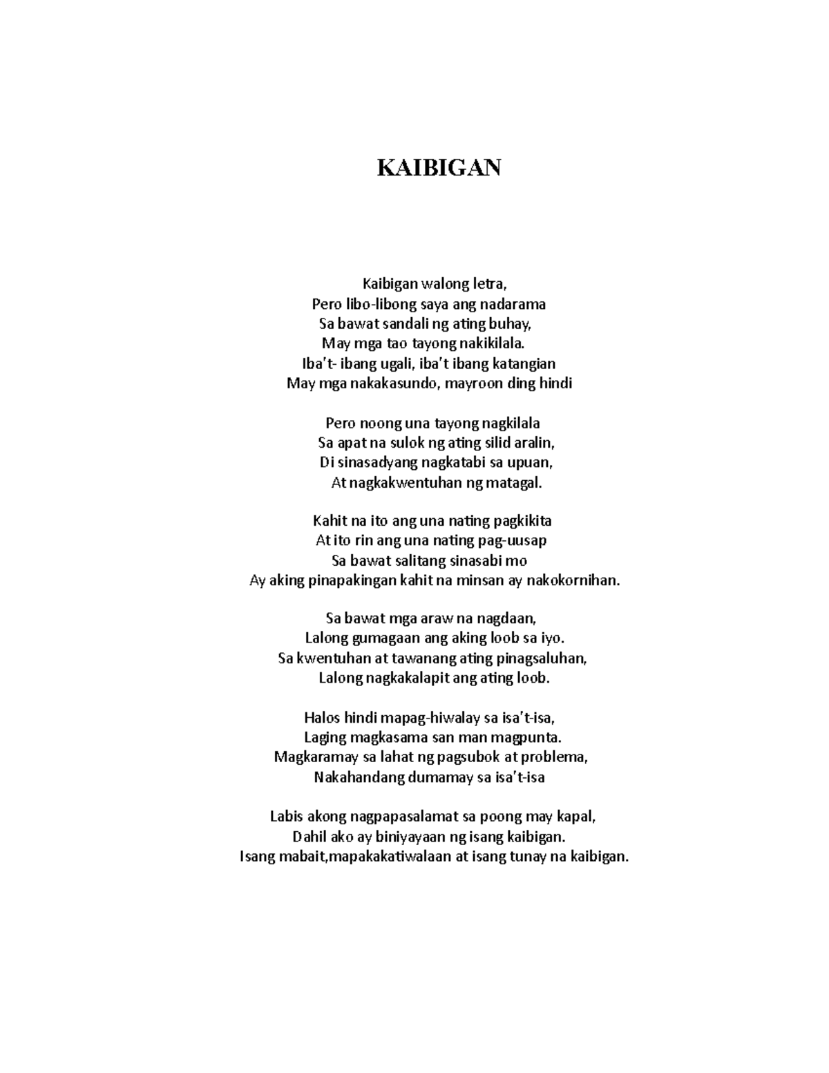 Kalayaan Tula - Grade: B+ - KAIBIGAN Kaibigan walong letra, Pero libo ...