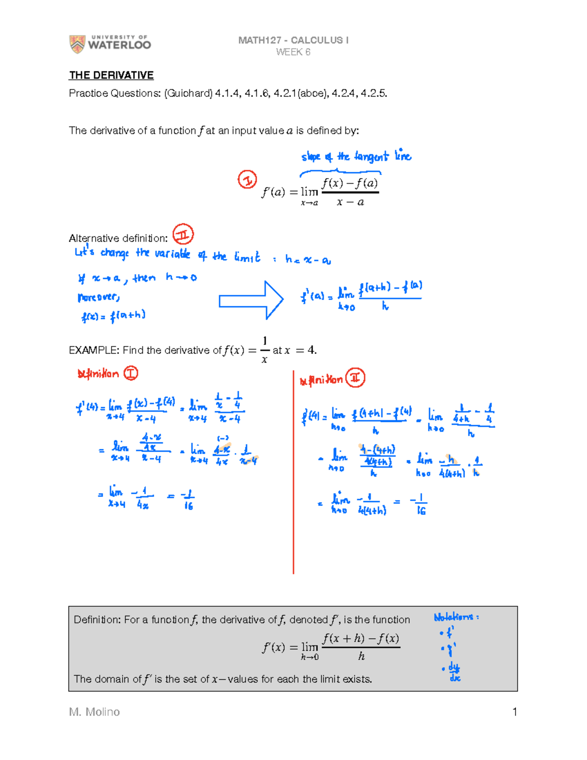 Week 6 - Notes (Calculus 1 for the Sciences) - WEEK 6 THE DERIVATIVE ...